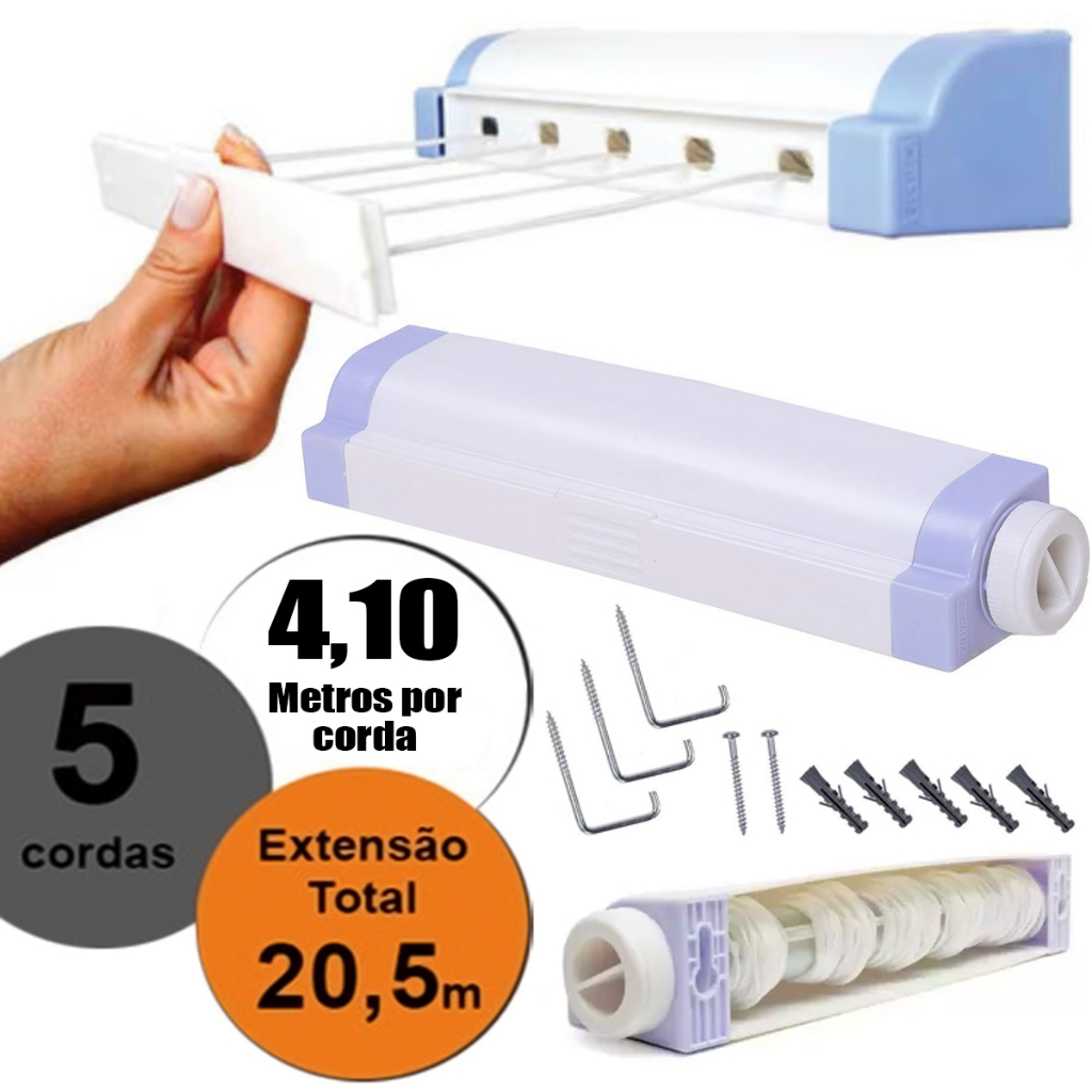 Varal Retratil de Parede Retrátil Automatico Com 5 Cordas 4,1m ...