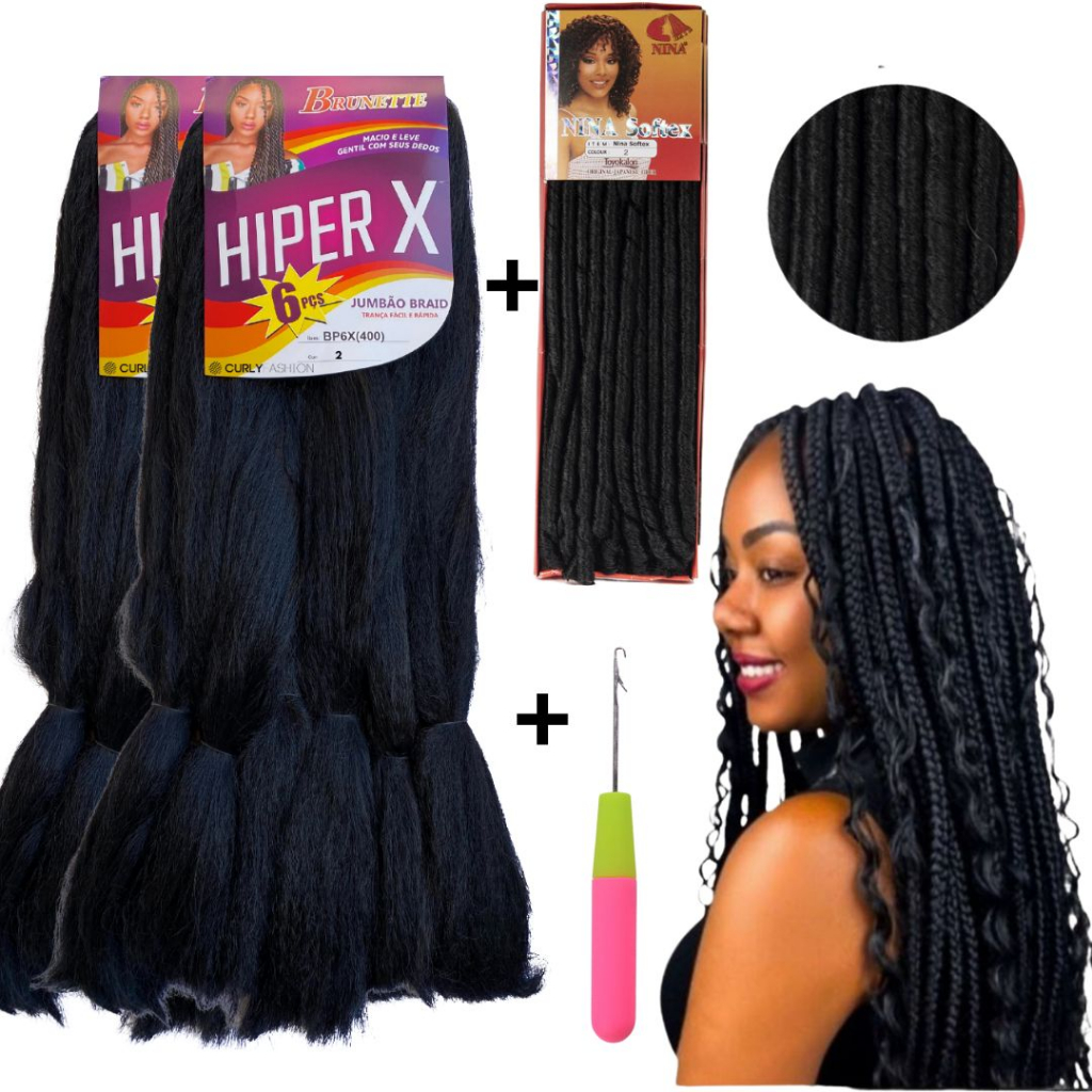 Kit 2 Cabelo Jumbo Hiper X + Nina Softex E Agulha Tranças Box Braids ...