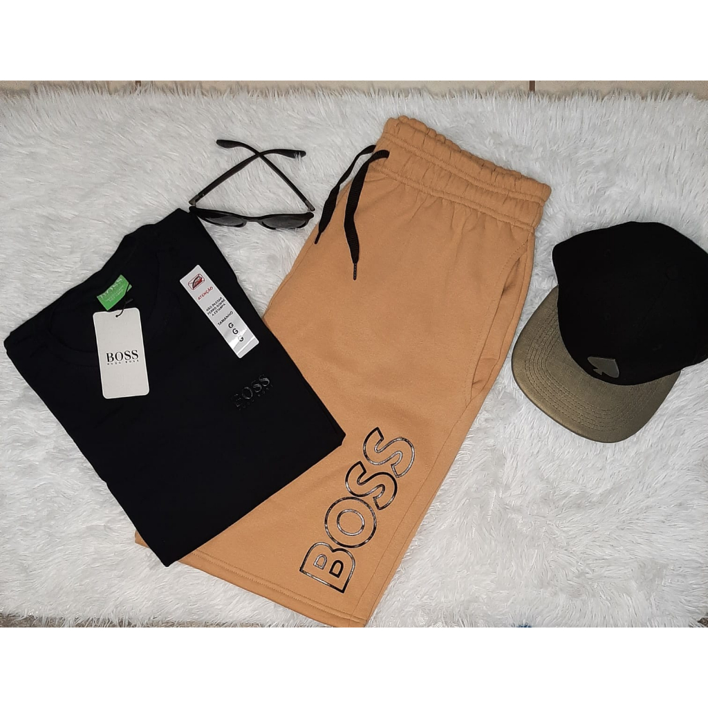 Kit Bermuda short moletom (HB) logo Alto relevo lisa Premium treino ...