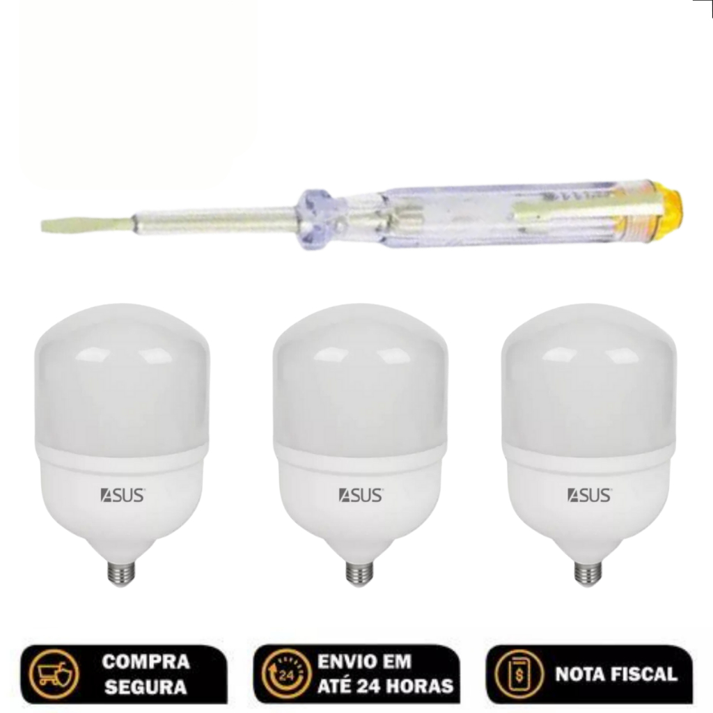Kit 3 Lampadas Led Bulbo 40w ASUS Branca Bivolt + Chave de Teste ...
