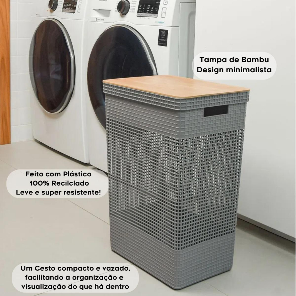 Cesto de Roupa Suja com Tampa de Bambu Retangular Para Banheiro e ...