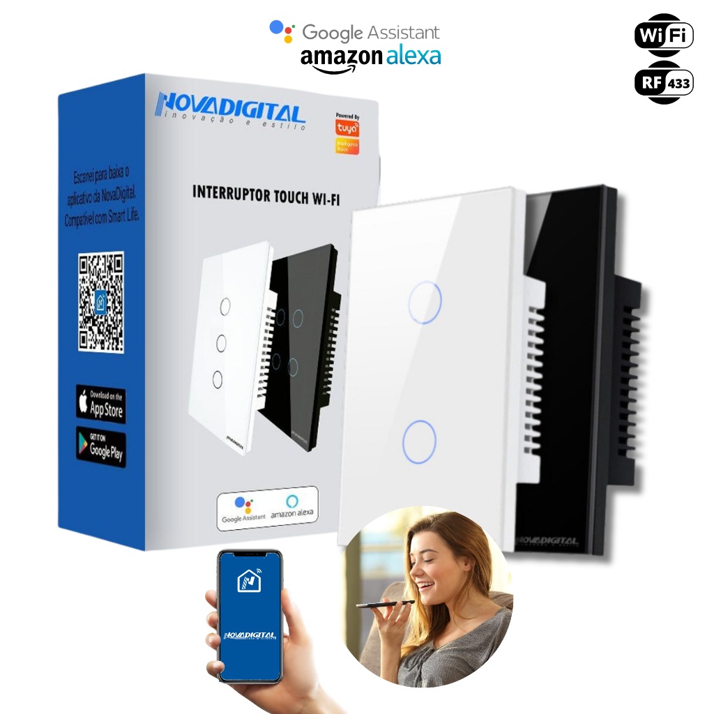 Interruptor Wifi RF433 Inteligente 2 Botões Touch Nova Digital | Shopee ...