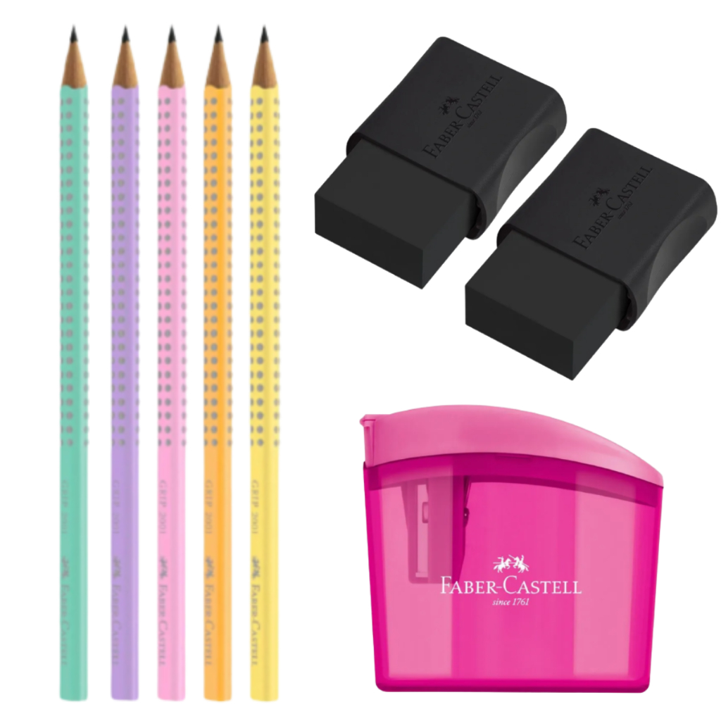 Kit 5 Lápis Pastel Grafite Faber + 2 Borrachas + Apontador | Shopee Brasil