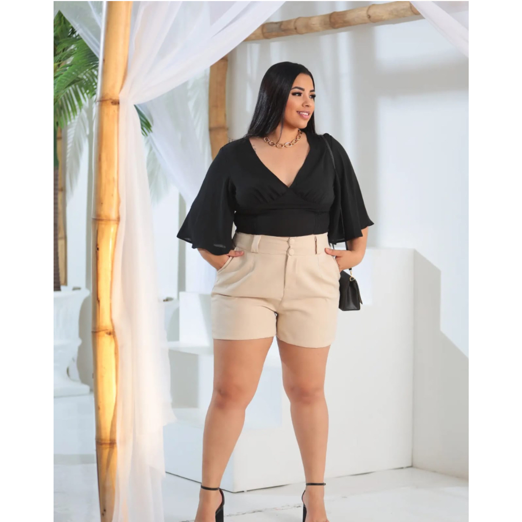 Short Feminino Plus Size Alfaiataria Com Botões Forrado Shorts Social ...