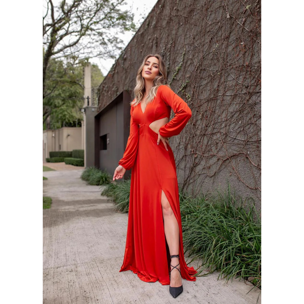 Vestido Longo Lia Manga Longo Abertura Fluity | Shopee Brasil