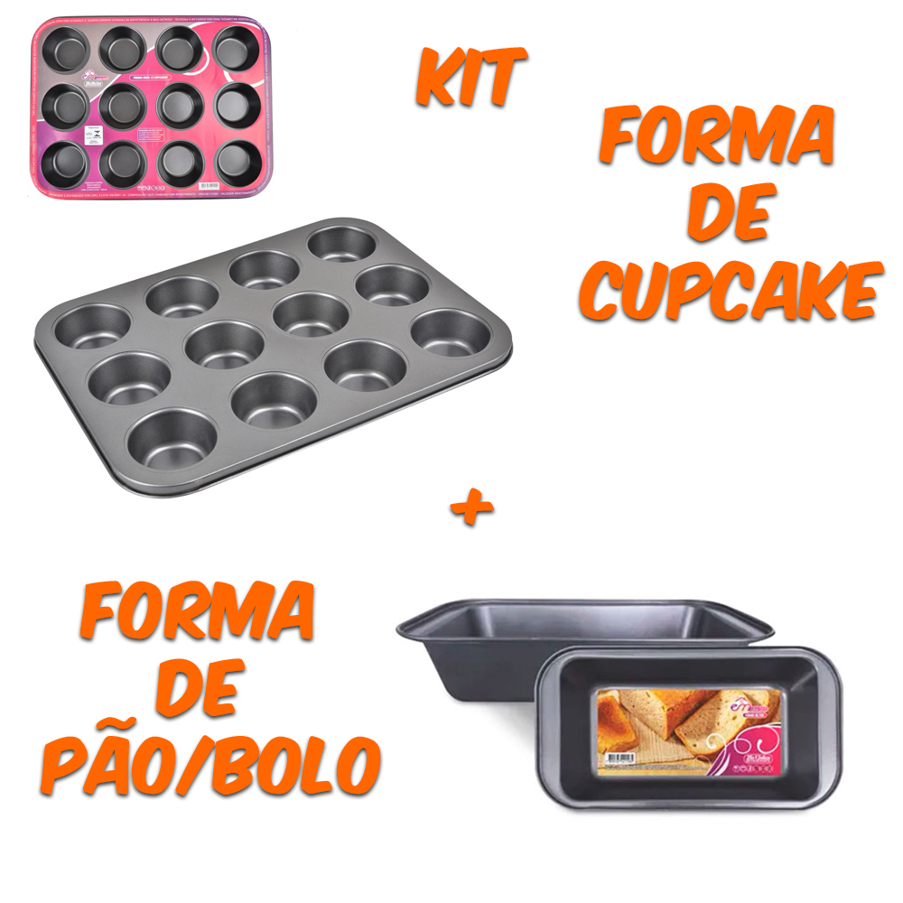 Kit Forma de Cupcake Antiaderente 12 Cavidades Empada Pão Mel + Forma ...