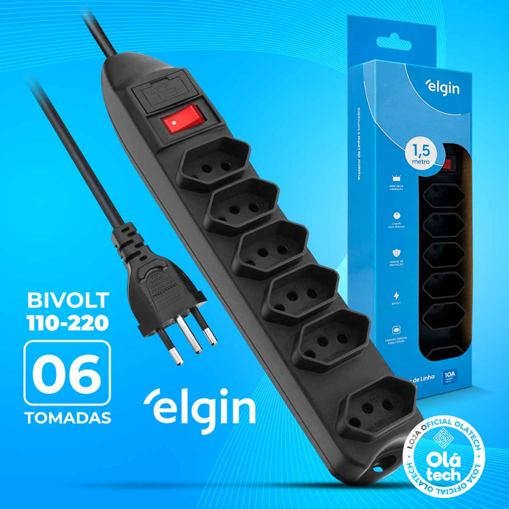 FILTRO DE LINHA 6 TOMADAS ELGIN RÉGUA DE TOMADAS TRIPOLAR 10 AMPERES COM FUSÍVEL EXTENSÃO ...