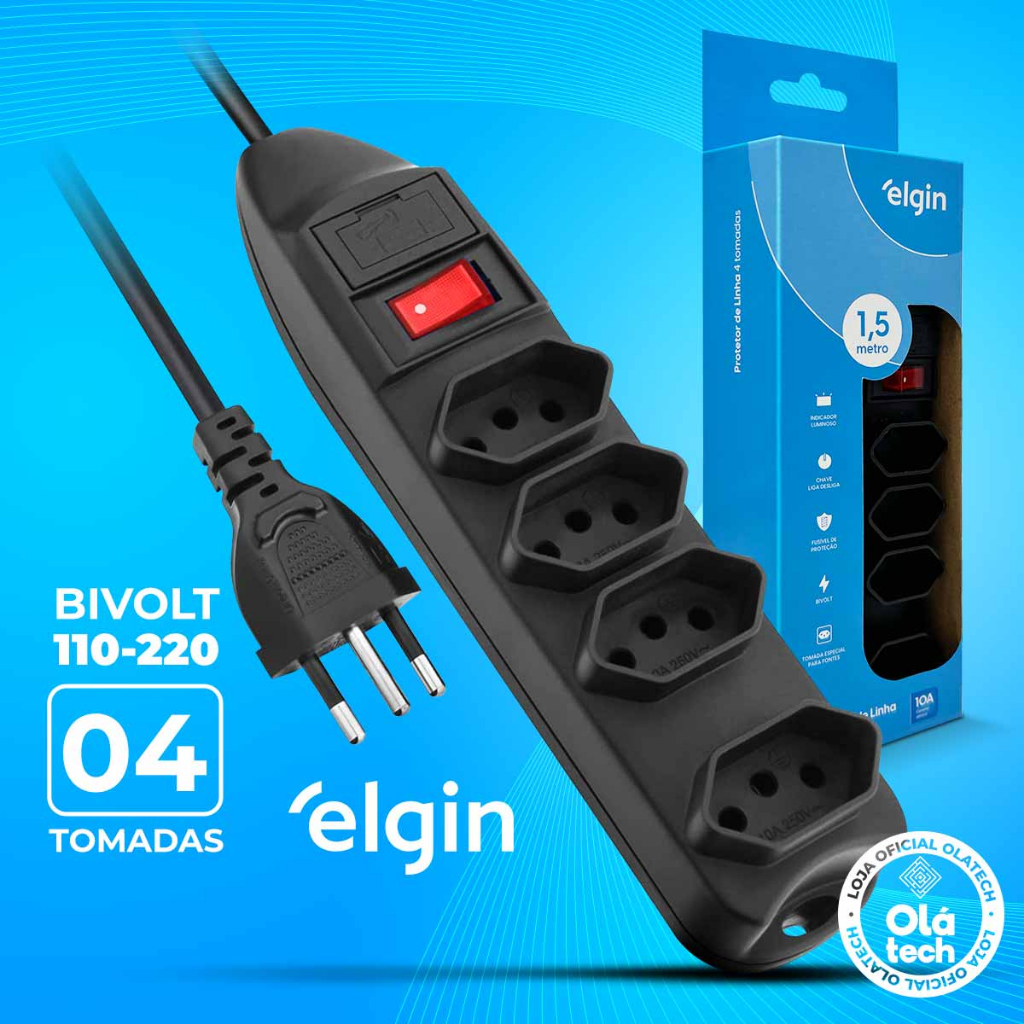 FILTRO DE LINHA 4 TOMADAS ELGIN RÉGUA DE TOMADAS TRIPOLAR 10 AMPERES COM FUSÍVEL EXTENSÃO ...