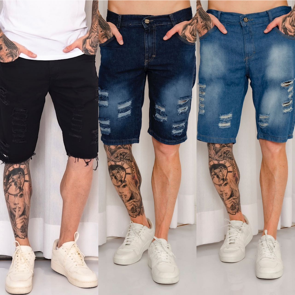 kit 3 Bermuda Jeans Masculina rasgado | Shopee Brasil