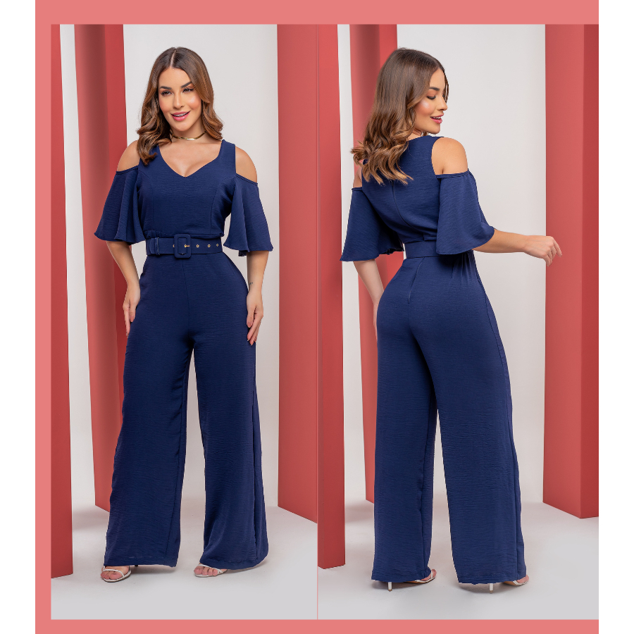 Macacão Pantalona Manga Vazada Com Cinto Coberto do 40 ao 46 | Shopee ...