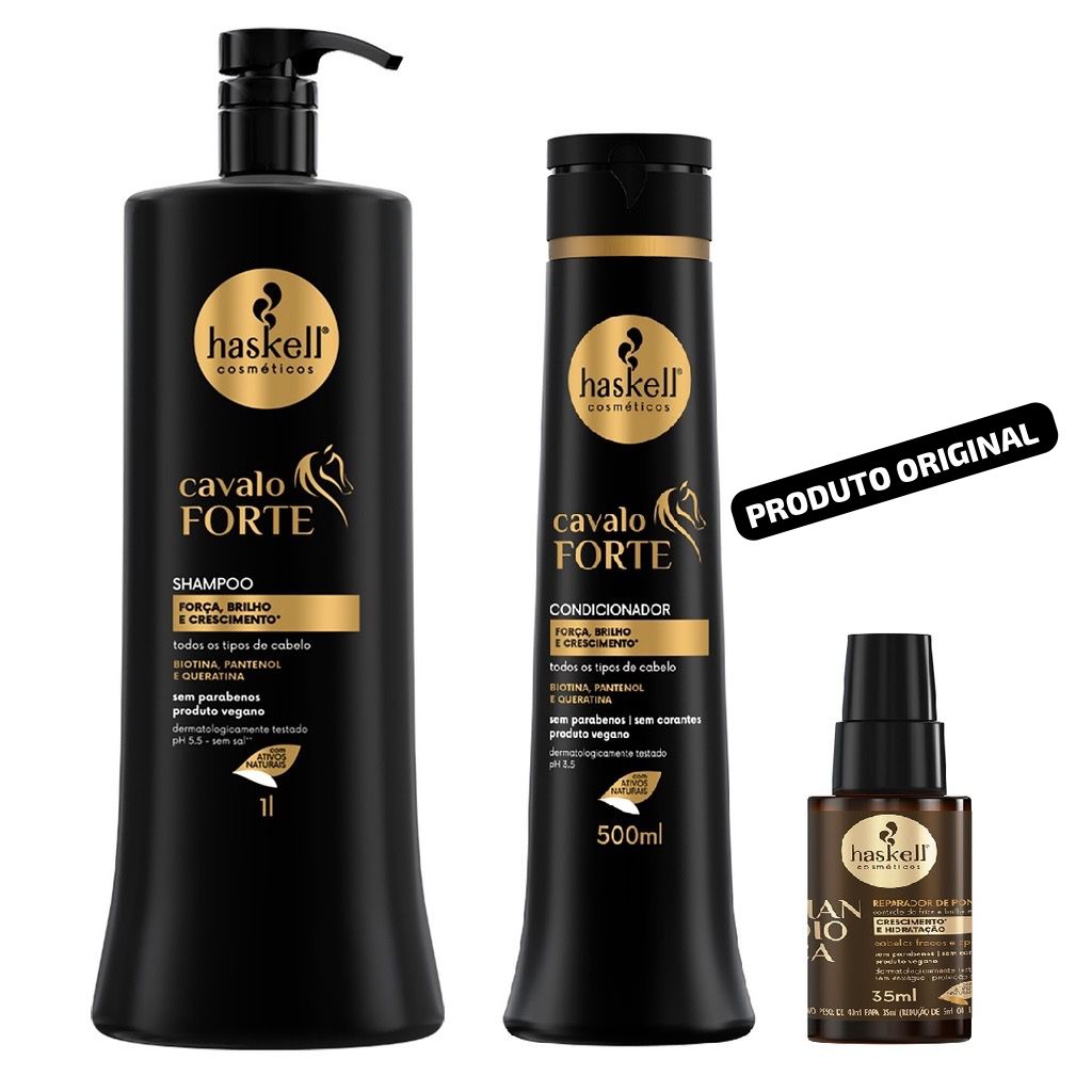 Kit Cavalo Forte Shampoo 1L, Condicionador 500ml e Reparado de Pontas Mandioca 35ml | Shopee Brasil
