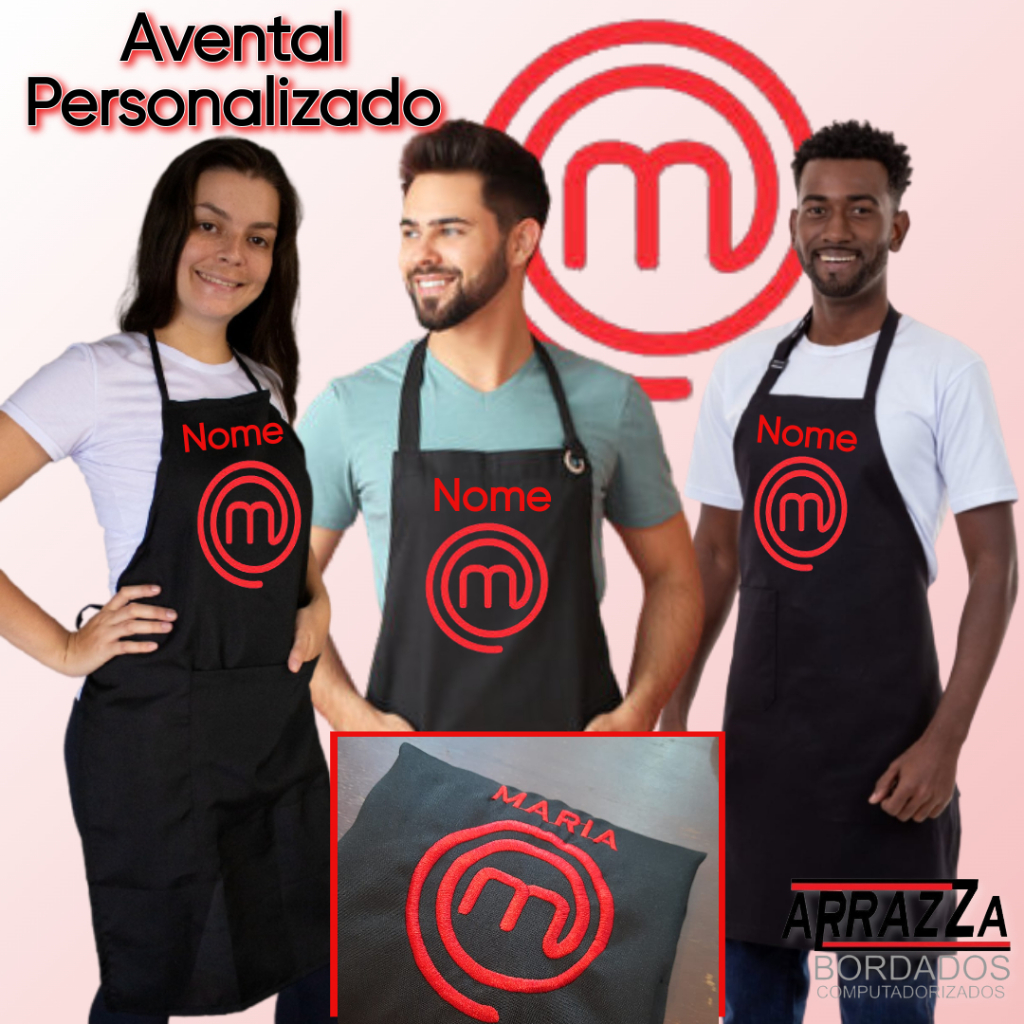 Avental MasterChef Simbolo + Nome Bordado Unissex com Bolso Frontal e ...