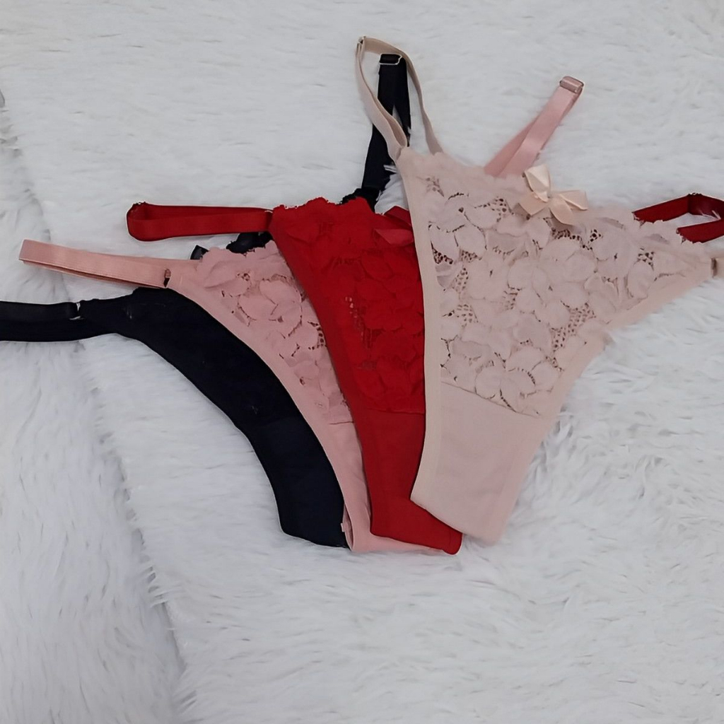 Kit com 4 Calcinhas String com Regulagem Luxo em Renda Fio Dental Sexy ...