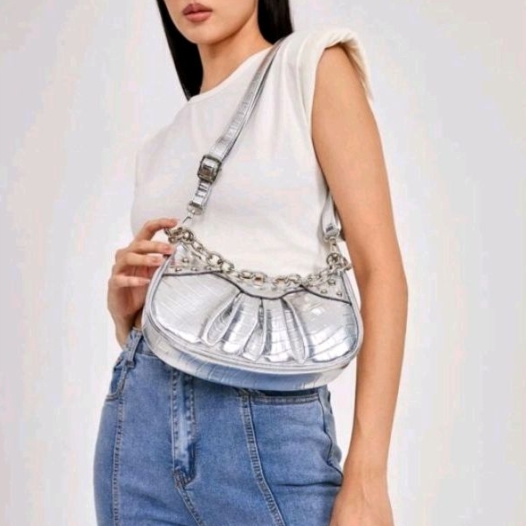 bolsa feminina prata prateada pequena baguete alça regulável alça ...