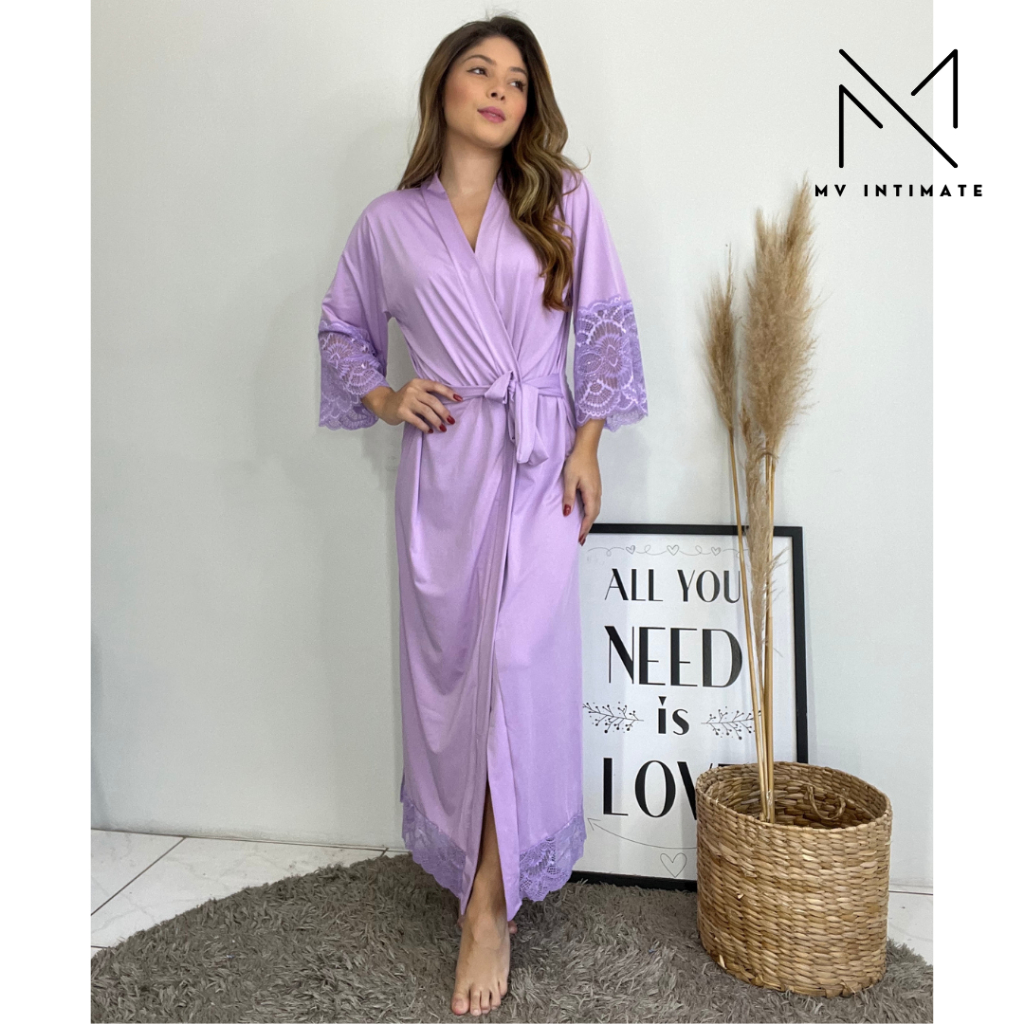 Robe LONGO Roupão Feminino Noiva Renda Luxo Hobe | Shopee Brasil