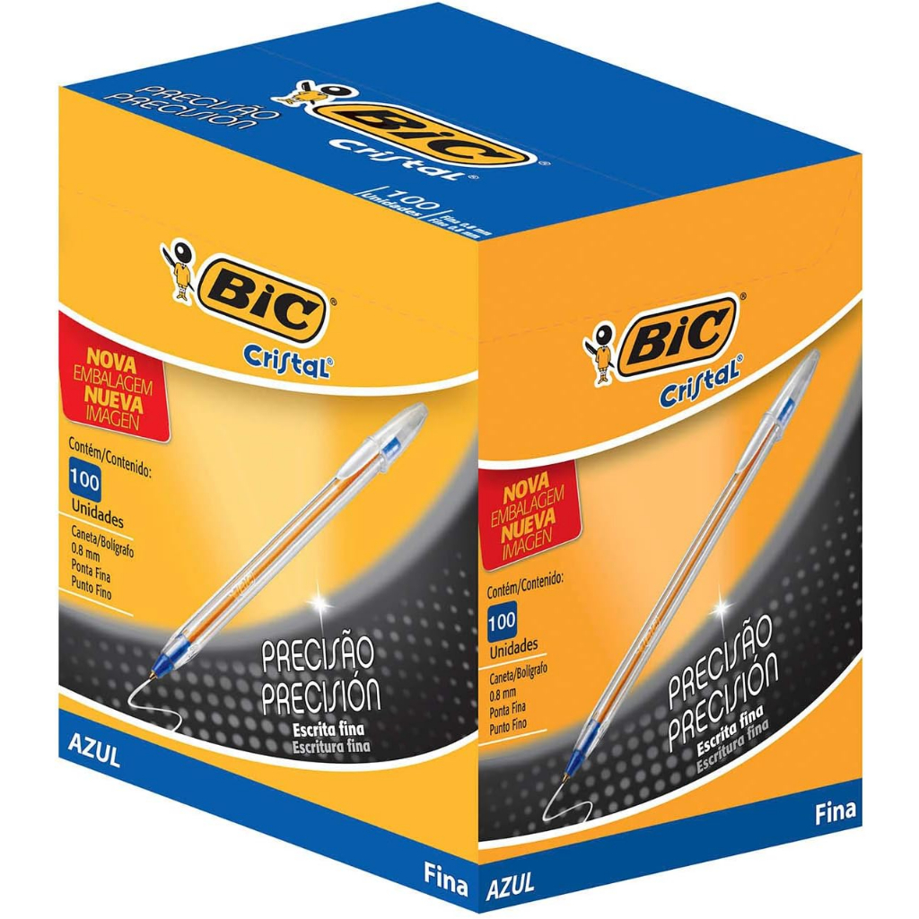 Caneta Esferográfica BIC Cristal Precisão, Azul, Ponta Fina de 0.8mm, 100 Unidades | Shopee Brasil
