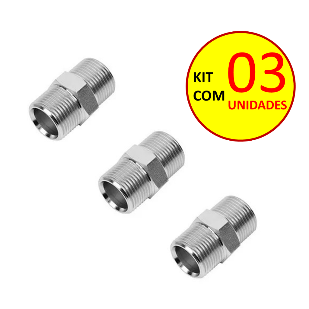 Niple Rosca 1/2x1/2 Duplo Sextavado Inox 304 Metal Cromado kit 03 ...