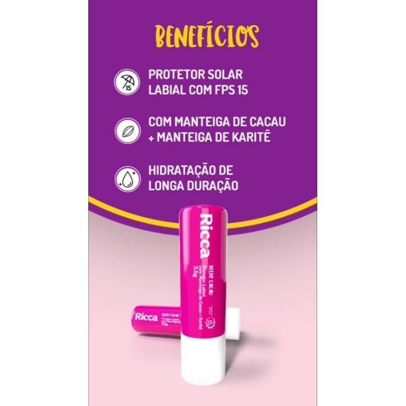 Protetor Solar Labial FPS 15 Ricca | Shopee Brasil