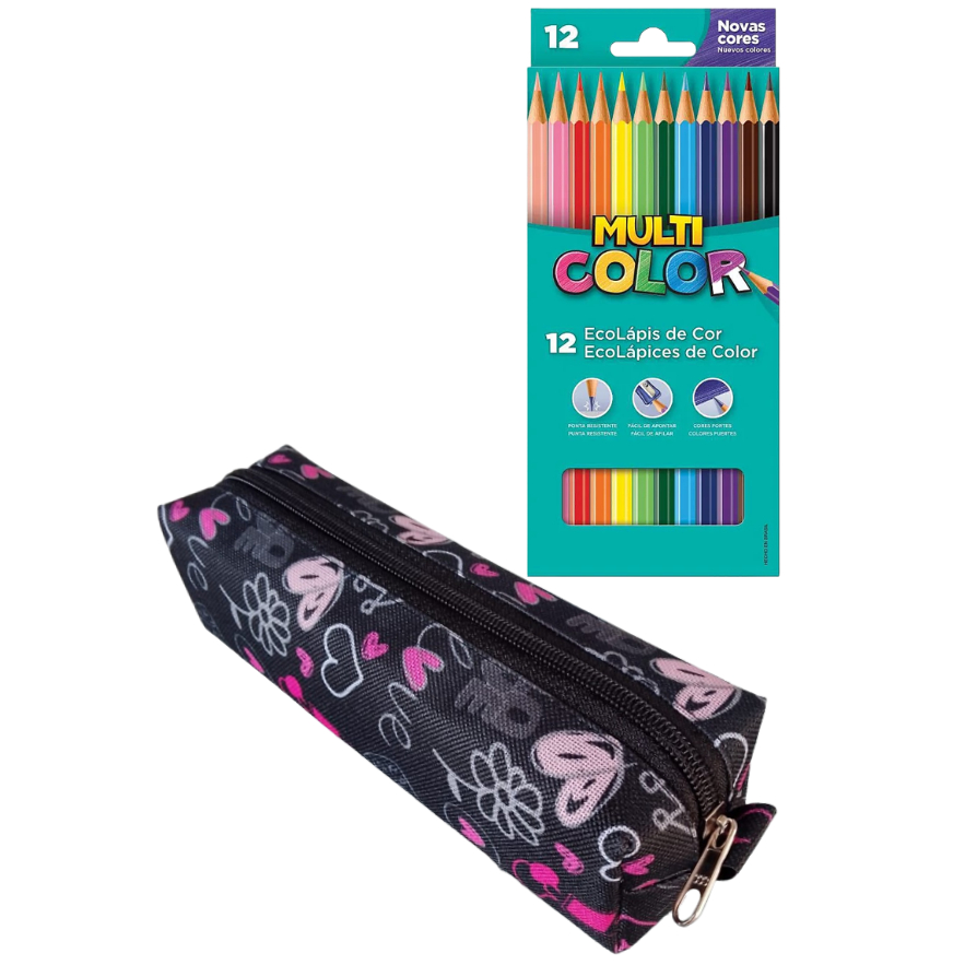 Estojo Escolar Bolsinha De Caneta Mais Lápis De Cor Multicolor 12 Cores