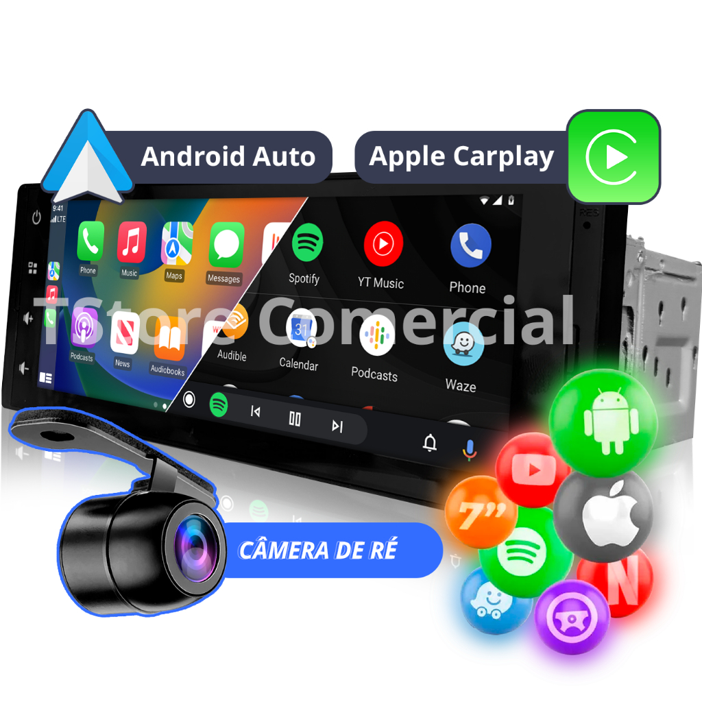 Central Multimídia 1 Din Mp6 Android Auto & Carplay Touch + Câmera de ...
