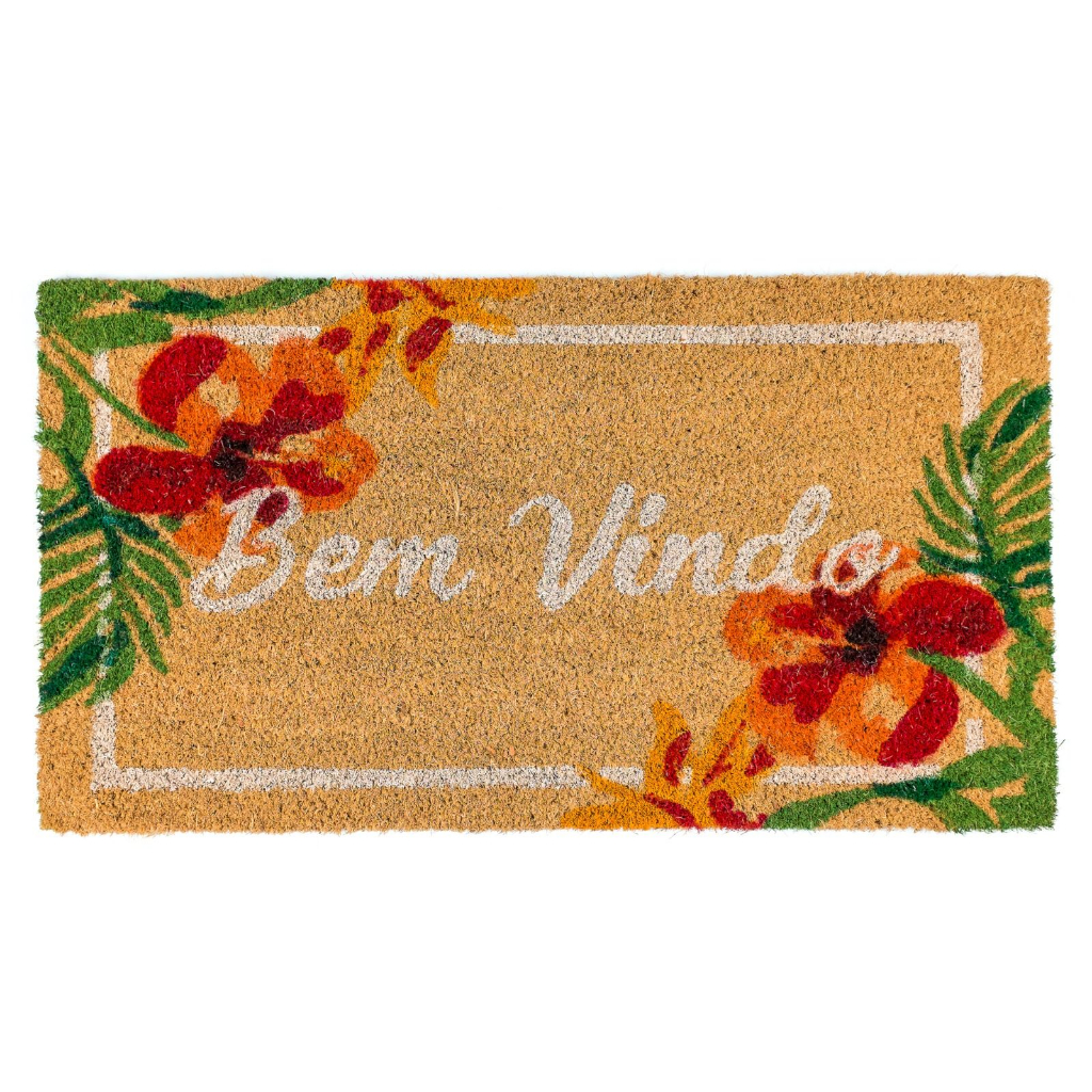 Capacho Fibra de Coco - Bem Vindo (Flores de canto laranja) | Shopee Brasil