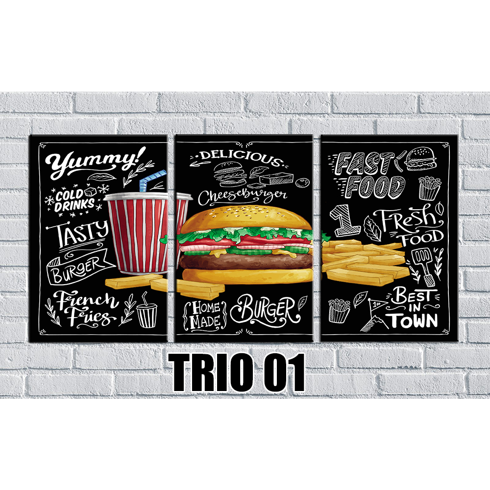 Trio de quadros decorativos fast food, decoração lanchonete, placas ...