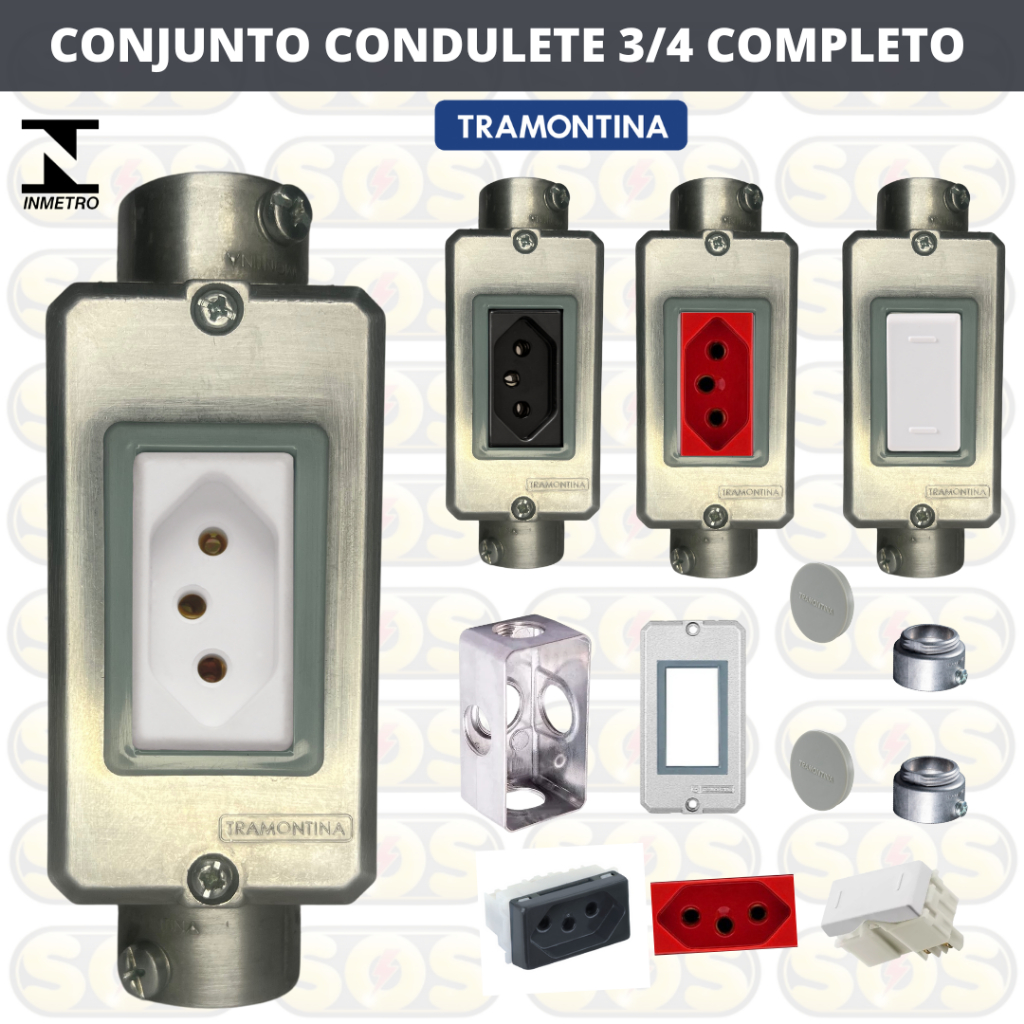 CONJUNTO CONDULETE 3/4 COM TOMADA E INTERRUPTOR TRAMONTINA ALUMINIO LIZ ...