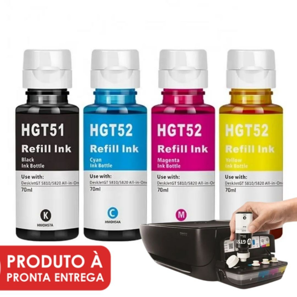 Kit 4x Refil Tinta para Hp Gt51 Gt52 PRETO e COLORS gt5822 Smart Tank ...