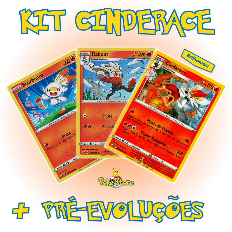3 Cartas Pokemon Kit de Evoluções Cinderace Raboot Scorbunny Diversos ...