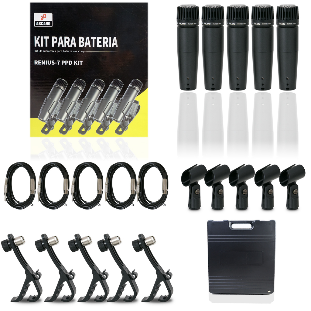 Kit com 5 Microfones Dinâmicos Arcano Renius-7 PPD Kit P10 Tamanho ...