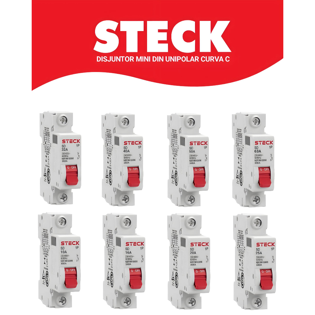 Disjuntor Unipolar Steck 10A, 16A, 20A, 25A, 32A e 40A CURVA C Din 3Ka Selo Inmetro | Shopee Brasil