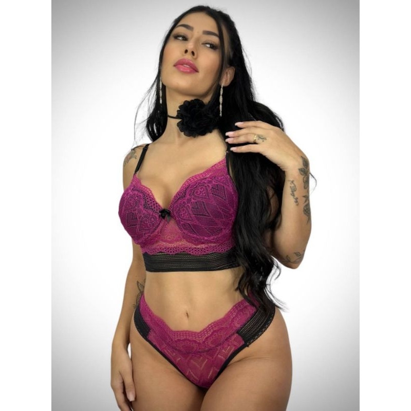 Conjunto lingerie Bicolor com bojo Luxo Sheyla langerie renda | Shopee Brasil