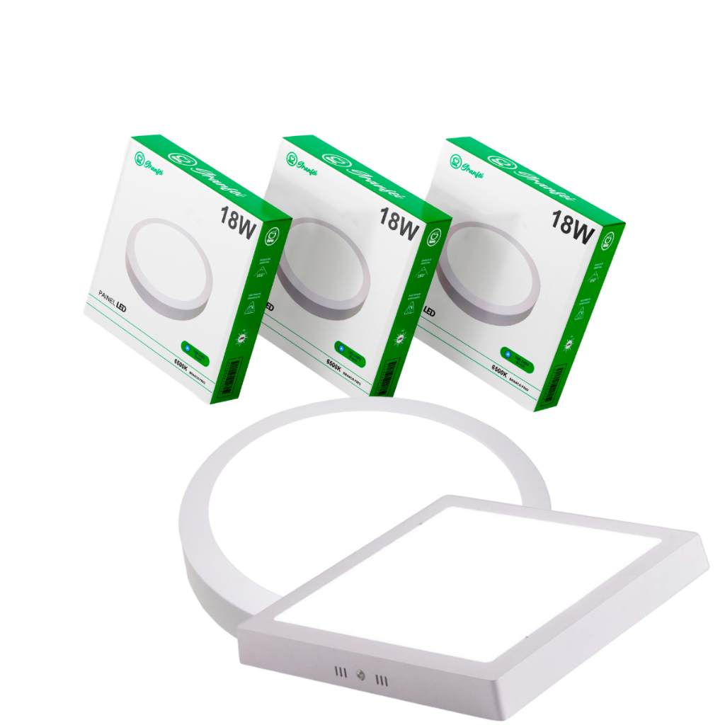 3 Luminária Plafon 18W Sobrepor Painel Led Quadrado Redondo Alumínio Branco Frio Neutro Quente ...