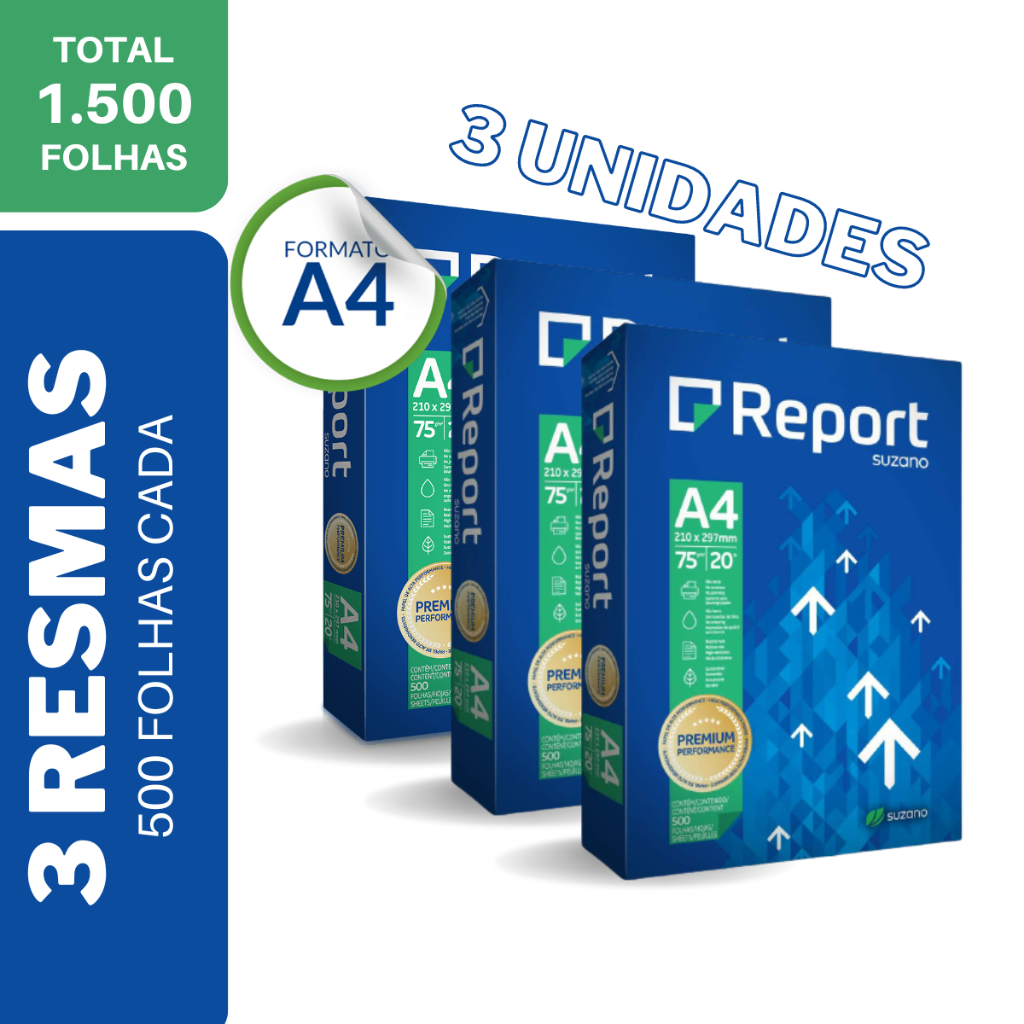 Kit 3 Resma Papel A4 Sulfite Premium 75g 500 Folhas Total 1.500 folhas ...