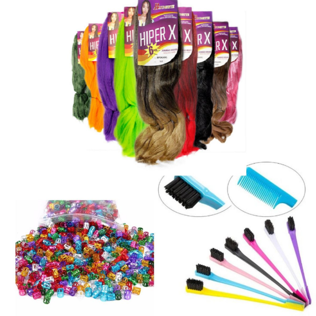 Cabelo Jumbo Hiper X 2Und + 1 escovinha Baby hair + 10 aneis de dread ...