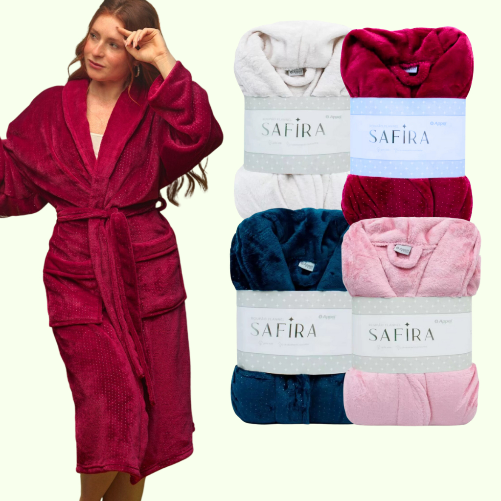 Roupão Plush Feminino Safira Flannel Manga Longa Macio Luxo Appel ...