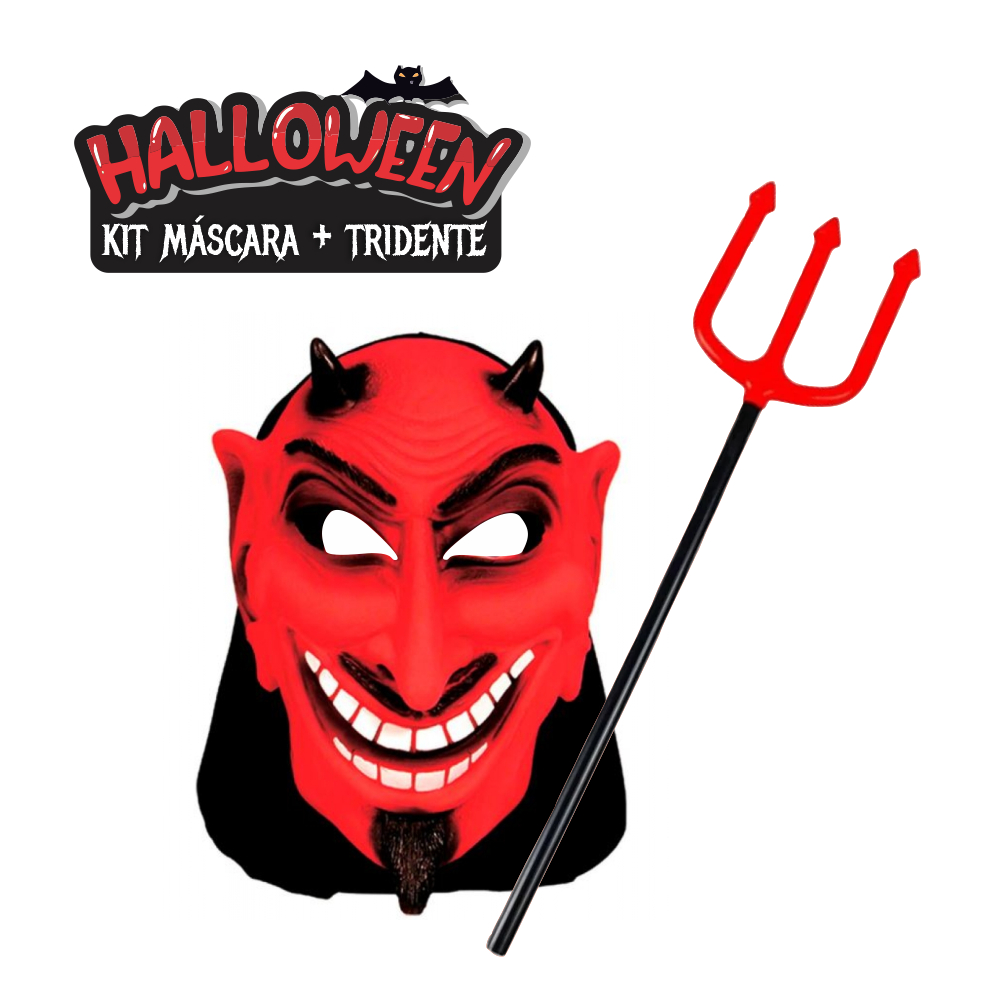 Kit Máscara Diabinho Mal Látex + Tridente Espeto Halloween Carnaval ...
