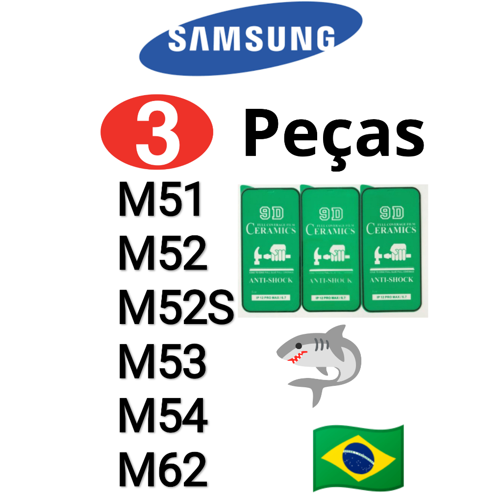 KIT COM 3 Película 3D/9D Cerâmica Hidrogel Nano Samsung Modelo: M51, M52, M52S, M53, M54, M62 ...