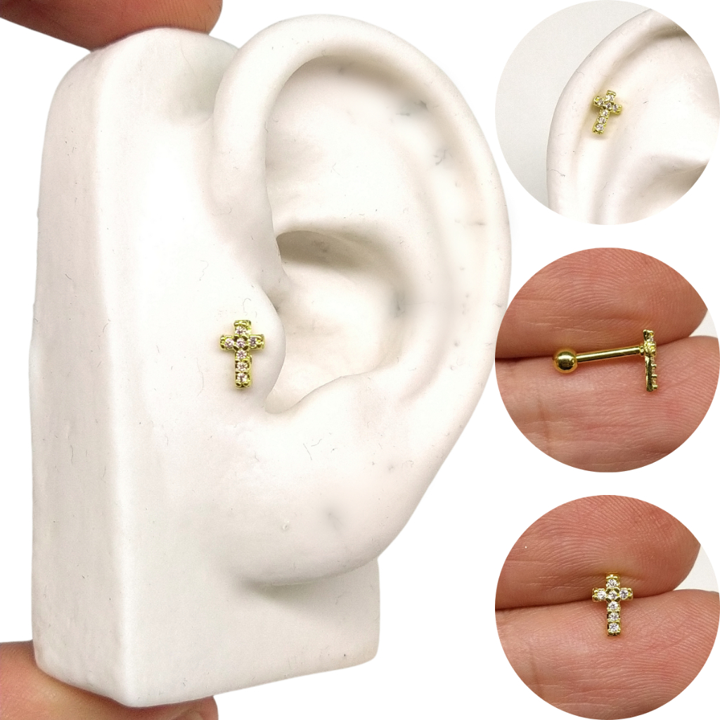 Piercing Tragus Helix Cartilagem Cruz Cravejada | Shopee Brasil