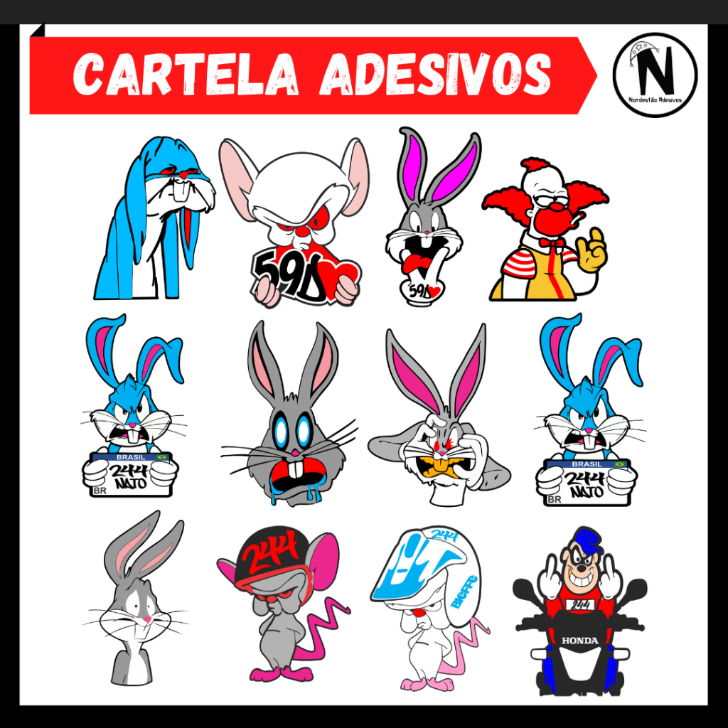 Super Cartela de Adesivos Coelho Pernalonga Furioso 244 para Moto Bike Carro Capacete Caminhão ...