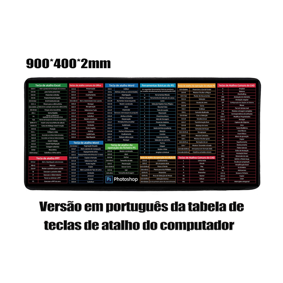 90x40cm Mouse Pad Teclado De Computador Descrição Da Tecla De Atalho ...