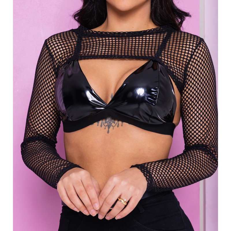 Kit Cropped vinil+Top arrastão tendência moda blogueira sensual com bojo estiloso festival ...