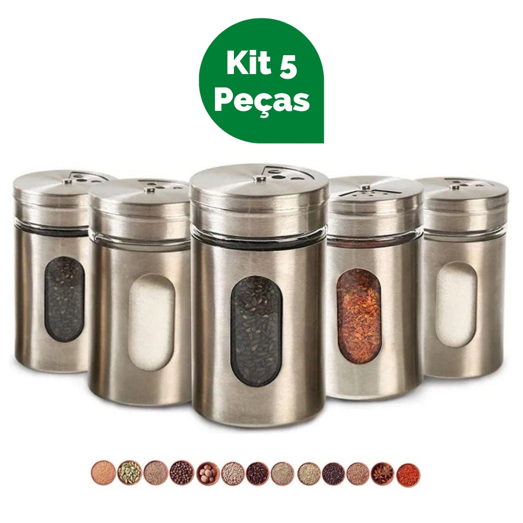 Kit com 5 Porta Condimento Para Saleiro Pimenteiro Temperos Aço Inox ...