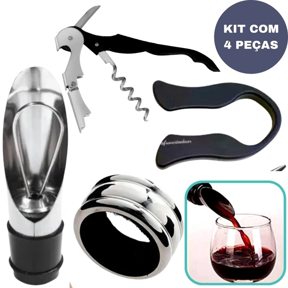 Kit para Vinhos 4 peças Saca Rolha Abridor de Lacre Anel Corta Gotas ...