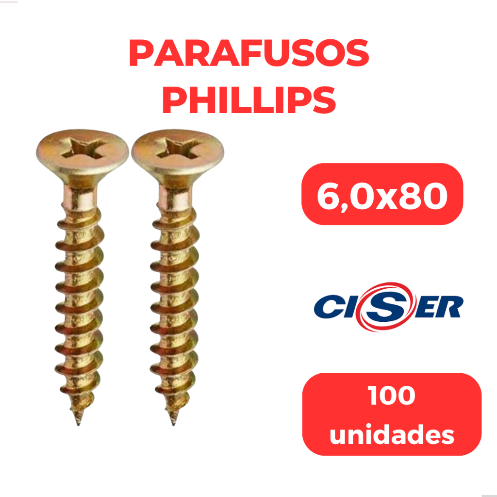 Caixa de Parafuso Para Madeira 6x80 Philips Cabeça Chata Chipboard ...