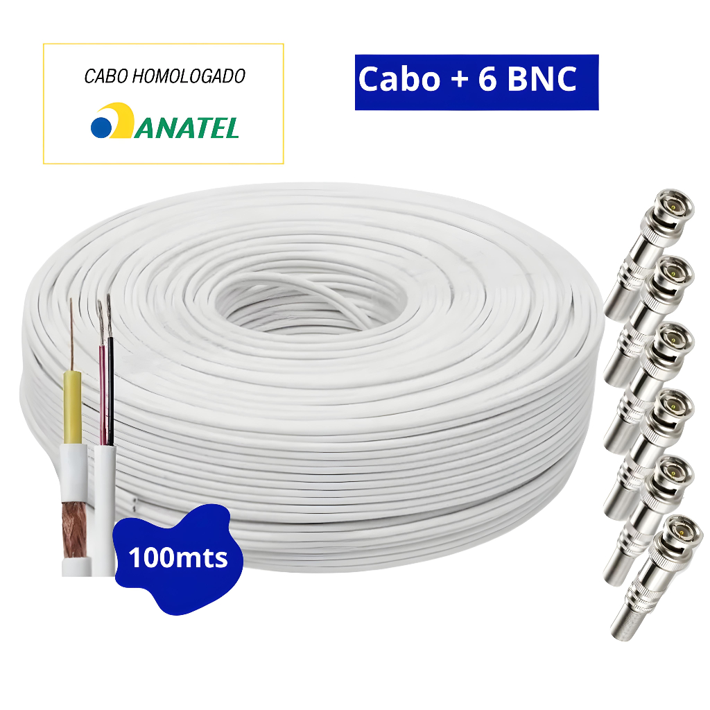 Cabo Coaxial 100 Metros P/ Câmeras Homologado Anatel Com 06 BNC Mola ...