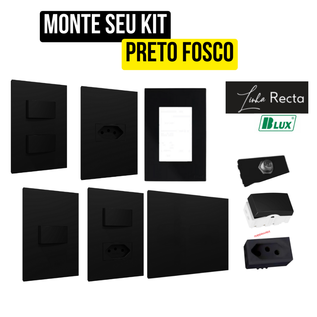 Conjunto Tomadas e Interruptores Placa Modulo 4x2 Ou 4X4 Parede Preto Fosco Recta Satin Black ...
