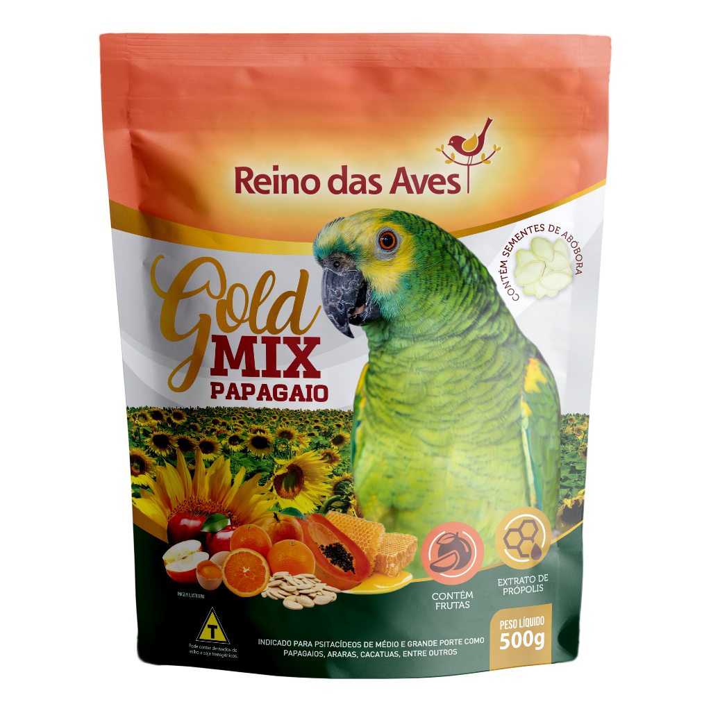 KIT 2UN SEMENTES PAPAGAIO GOLD MIX REINO DAS AVES 500G CADA PACOTE