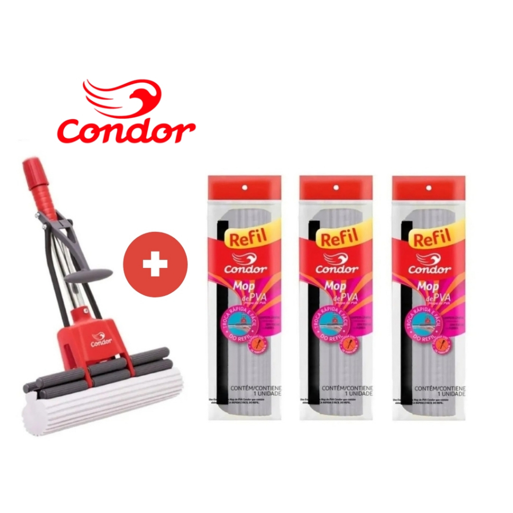 Kit Mop PVA Sem Cabo Rodo Esfregão Magico Limpeza Geral Condor 1620 + 3 ...