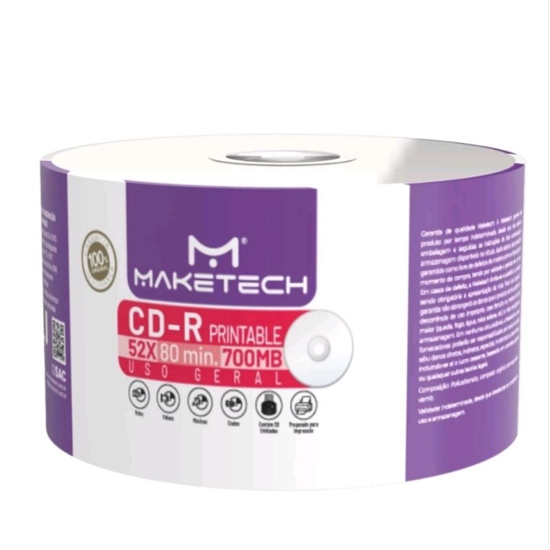 100 CD-R PRINTABLE MAKETECH 700 MB 80 MINUTOS 52X ORIGINAL | Shopee Brasil